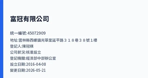 富冠有限公司的照片-統編 45072909(雲林縣) 公司登記資料與營業項目詳細圖表