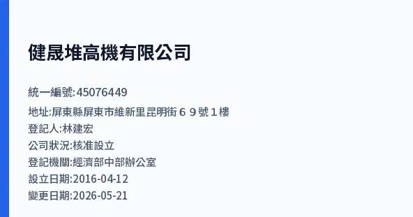健晟堆高機有限公司的照片-統編 45076449(屏東縣) 公司登記資料與營業項目詳細圖表