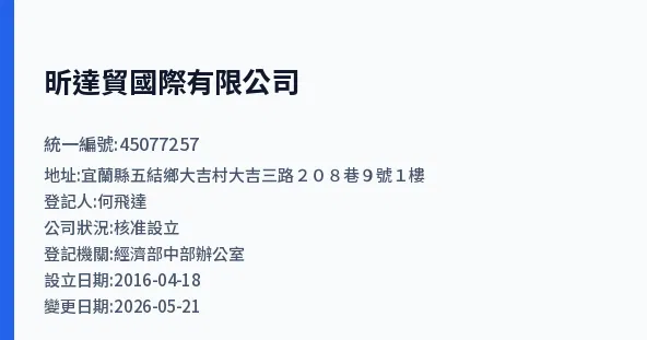 昕達貿國際有限公司的照片-統編 45077257(宜蘭縣) 公司登記資料與營業項目詳細圖表