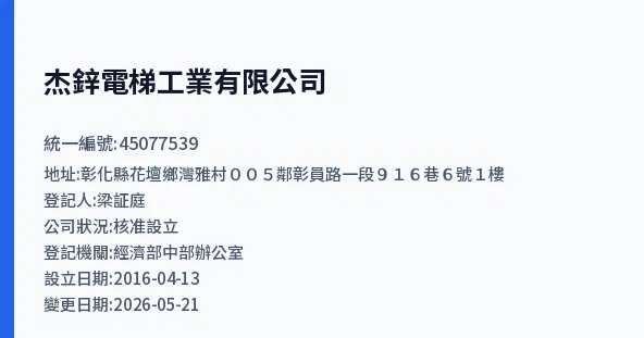 杰鋅電梯工業有限公司的照片-統編 45077539(彰化縣) 公司登記資料與營業項目詳細圖表