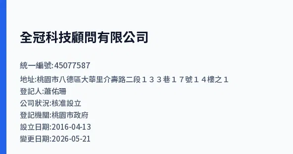 全冠科技顧問有限公司的照片-統編 45077587(桃園市) 公司登記資料與營業項目詳細圖表