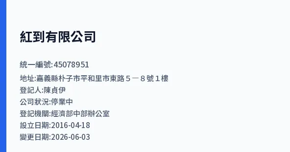 紅到有限公司的照片-統編 45078951(嘉義縣) 公司登記資料與營業項目詳細圖表