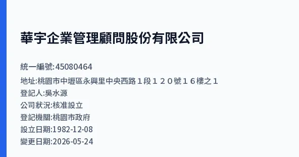 華宇企業管理顧問股份有限公司的照片-統編 45080464(桃園市) 公司登記資料與營業項目詳細圖表