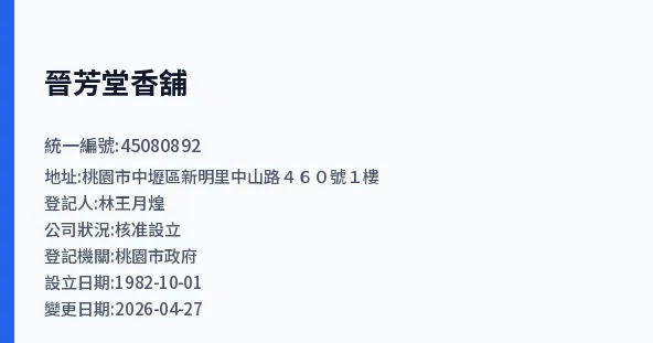 晉芳堂香舖的照片-統編 45080892(桃園市) 公司登記資料與營業項目詳細圖表