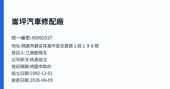 崙坪汽車修配廠的照片-統編 45091027(桃園市) 公司登記資料與營業項目詳細圖表
