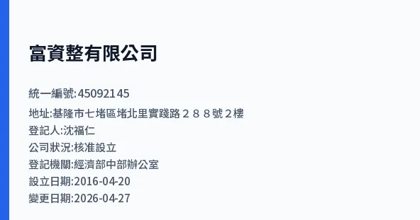 富資整有限公司的照片-統編 45092145(基隆市) 公司登記資料與營業項目詳細圖表