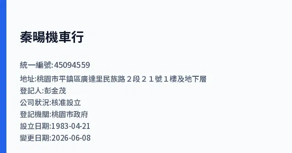 秦暘機車行的照片-統編 45094559(桃園市) 公司登記資料與營業項目詳細圖表