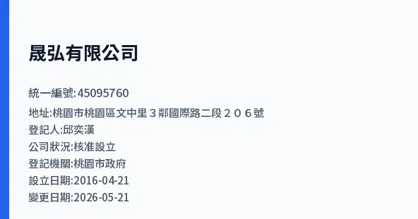 晟弘有限公司的照片-統編 45095760(桃園市) 公司登記資料與營業項目詳細圖表