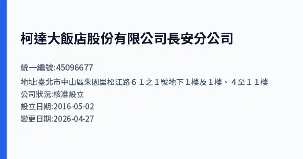 柯達大飯店股份有限公司長安分公司的照片-統編 45096677(臺北市) 公司登記資料與營業項目詳細圖表