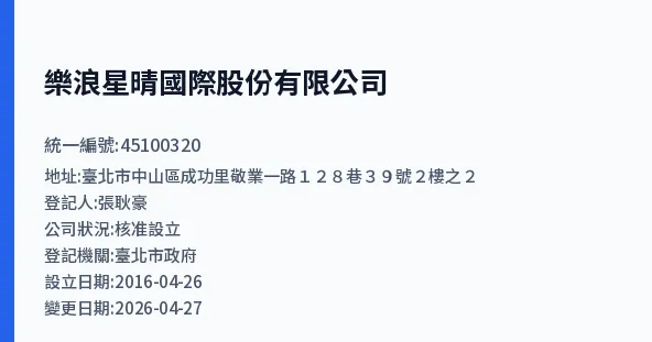 樂浪星晴國際股份有限公司的照片-統編 45100320(臺北市) 公司登記資料與營業項目詳細圖表