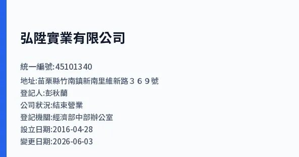 弘陞實業有限公司的照片-統編 45101340(苗栗縣) 公司登記資料與營業項目詳細圖表