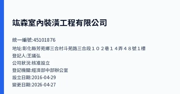 竑森室內裝潢工程有限公司的照片-統編 45101876(彰化縣) 公司登記資料與營業項目詳細圖表