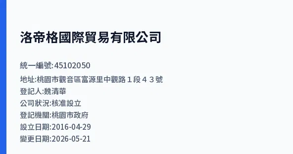 洛帝格國際貿易有限公司的照片-統編 45102050(桃園市) 公司登記資料與營業項目詳細圖表