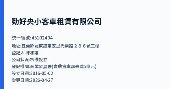 勁好央小客車租賃有限公司的照片-統編 45102404(宜蘭縣) 公司登記資料與營業項目詳細圖表