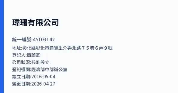 瑋珊有限公司的照片-統編 45103142(彰化縣) 公司登記資料與營業項目詳細圖表