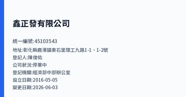 鑫正發有限公司的照片-統編 45103543(彰化縣) 公司登記資料與營業項目詳細圖表