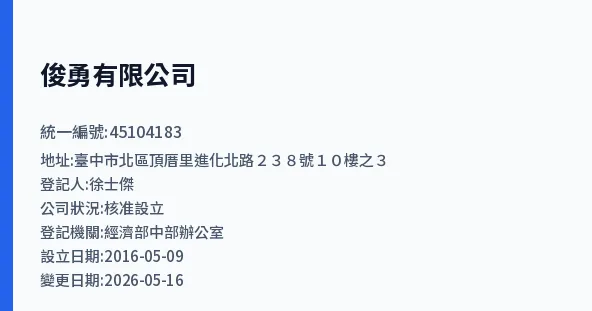 俊勇有限公司的照片-統編 45104183(臺中市) 公司登記資料與營業項目詳細圖表