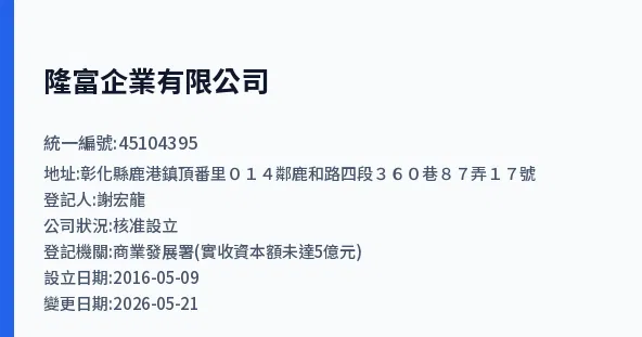 隆富企業有限公司的照片-統編 45104395(彰化縣) 公司登記資料與營業項目詳細圖表