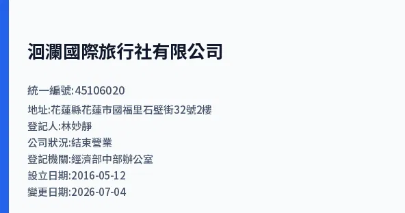 洄瀾國際旅行社有限公司的照片-統編 45106020(花蓮縣) 公司登記資料與營業項目詳細圖表