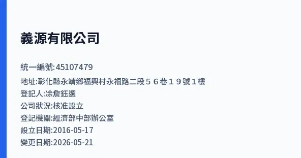 義源有限公司的照片-統編 45107479(彰化縣) 公司登記資料與營業項目詳細圖表