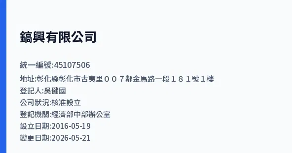 鎬興有限公司的照片-統編 45107506(彰化縣) 公司登記資料與營業項目詳細圖表