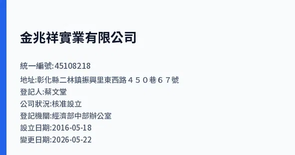 金兆祥實業有限公司的照片-統編 45108218(彰化縣) 公司登記資料與營業項目詳細圖表