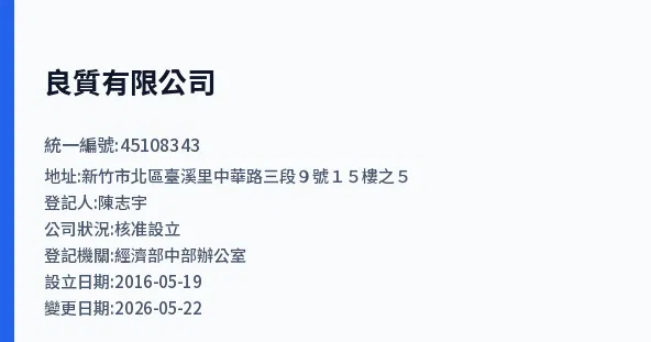 良質有限公司的照片-統編 45108343(新竹市) 公司登記資料與營業項目詳細圖表