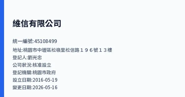 維信有限公司的照片-統編 45108499(桃園市) 公司登記資料與營業項目詳細圖表