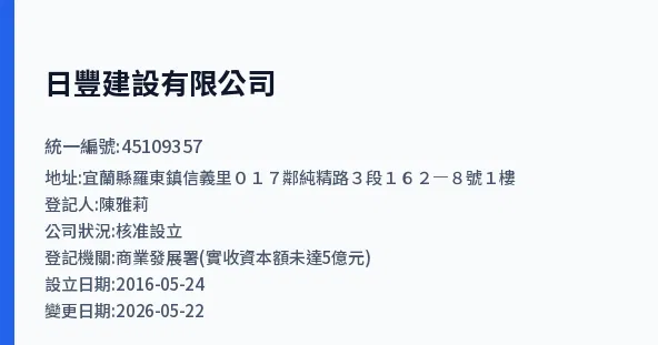 日豐建設有限公司的照片-統編 45109357(宜蘭縣) 公司登記資料與營業項目詳細圖表