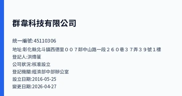 群韋科技有限公司的照片-統編 45110306(彰化縣) 公司登記資料與營業項目詳細圖表