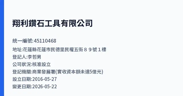 翔利鑽石工具有限公司的照片-統編 45110468(花蓮縣) 公司登記資料與營業項目詳細圖表