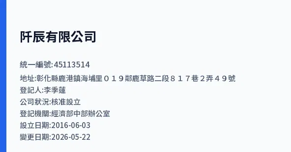 阡辰有限公司的照片-統編 45113514(彰化縣) 公司登記資料與營業項目詳細圖表
