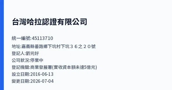 台灣哈拉認證有限公司的照片-統編 45113710(嘉義縣) 公司登記資料與營業項目詳細圖表