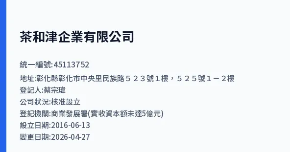 茶和津企業有限公司的照片-統編 45113752(彰化縣) 公司登記資料與營業項目詳細圖表