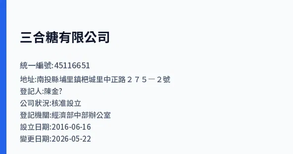三合糖有限公司的照片-統編 45116651(南投縣) 公司登記資料與營業項目詳細圖表
