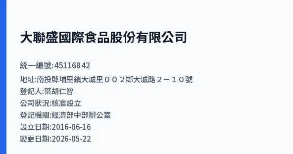 大聯盛國際食品股份有限公司的照片-統編 45116842(南投縣) 公司登記資料與營業項目詳細圖表