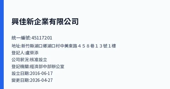 興佳新企業有限公司的照片-統編 45117201(新竹縣) 公司登記資料與營業項目詳細圖表