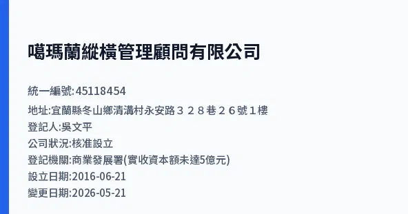 噶瑪蘭縱橫管理顧問有限公司的照片-統編 45118454(宜蘭縣) 公司登記資料與營業項目詳細圖表