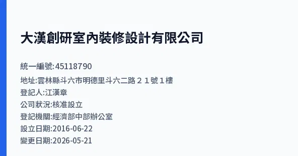 大漢創研室內裝修設計有限公司的照片-統編 45118790(雲林縣) 公司登記資料與營業項目詳細圖表
