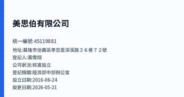 美思伯有限公司的照片-統編 45119881(基隆市) 公司登記資料與營業項目詳細圖表