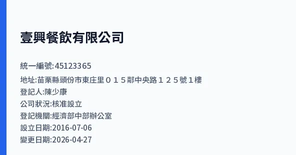 壹興餐飲有限公司的照片-統編 45123365(苗栗縣) 公司登記資料與營業項目詳細圖表