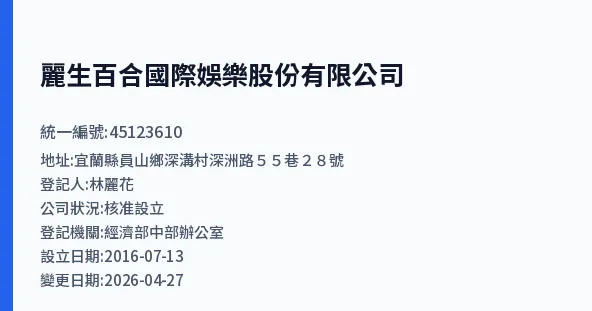 麗生百合國際娛樂股份有限公司的照片-統編 45123610(宜蘭縣) 公司登記資料與營業項目詳細圖表