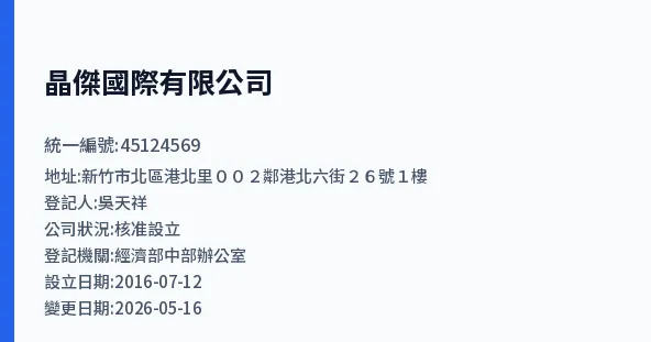 晶傑國際有限公司的照片-統編 45124569(新竹市) 公司登記資料與營業項目詳細圖表