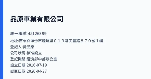 品原車業有限公司的照片-統編 45126399(苗栗縣) 公司登記資料與營業項目詳細圖表