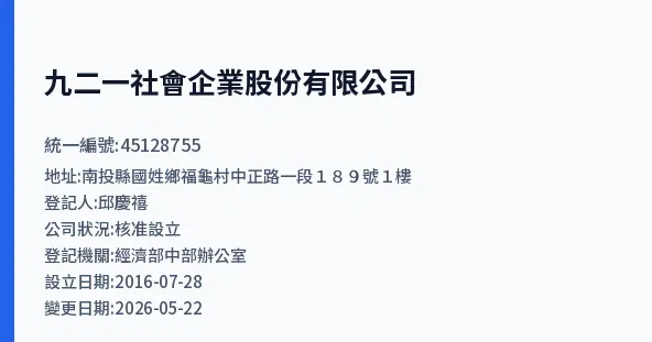 九二一社會企業股份有限公司的照片-統編 45128755(南投縣) 公司登記資料與營業項目詳細圖表