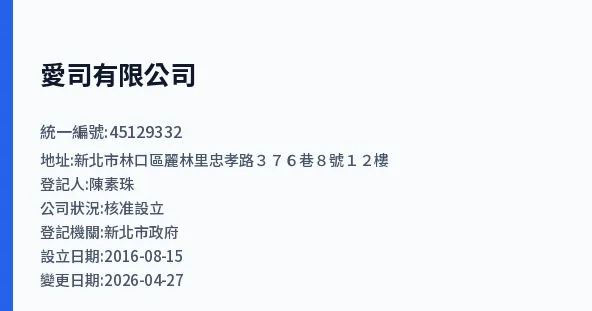 愛司有限公司的照片-統編 45129332(新北市) 公司登記資料與營業項目詳細圖表