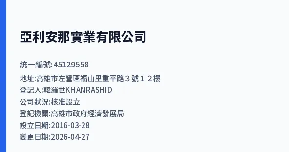 亞利安那實業有限公司的照片-統編 45129558(高雄市) 公司登記資料與營業項目詳細圖表
