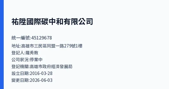 祐陞國際碳中和有限公司的照片-統編 45129678(高雄市) 公司登記資料與營業項目詳細圖表