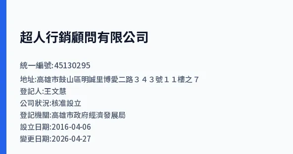 超人行銷顧問有限公司的照片-統編 45130295(高雄市) 公司登記資料與營業項目詳細圖表