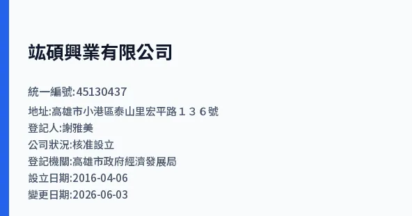 竑碩興業有限公司的照片-統編 45130437(高雄市) 公司登記資料與營業項目詳細圖表